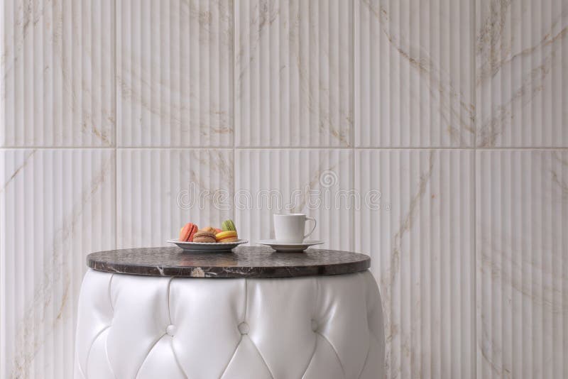 Cup of Coffee and Macaroons on White Coffee Table in Lounge Zone. Stock ...