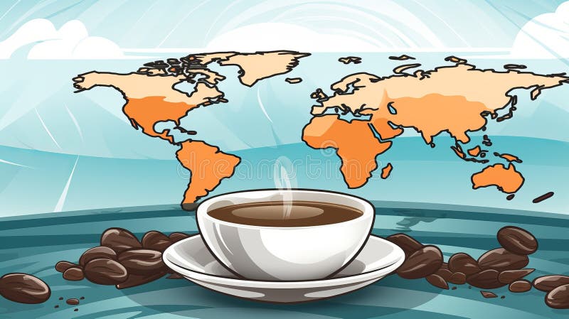 A Cup of Coffee and a Map of the World Stock Illustration ...