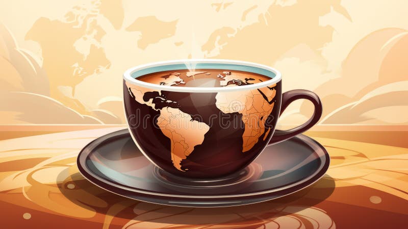 A Cup of Coffee with a Map of the World on the Saucer Vector ...