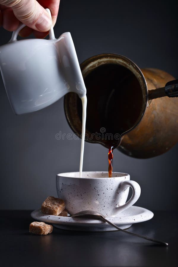 Cup of Coffee with Milk and Brown Sugar on Dark Background Stock Image ...