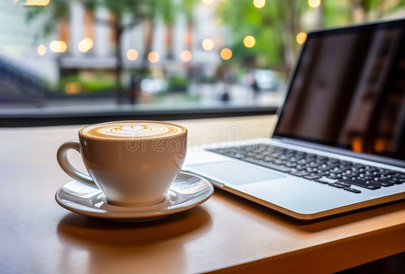 Cup of Coffee with Milk Working on the Computer. World Coffee Day ...