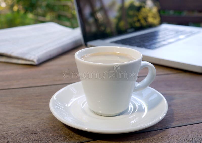 Cup of Coffee with Newspaper and Computer Stock Photo - Image of ...