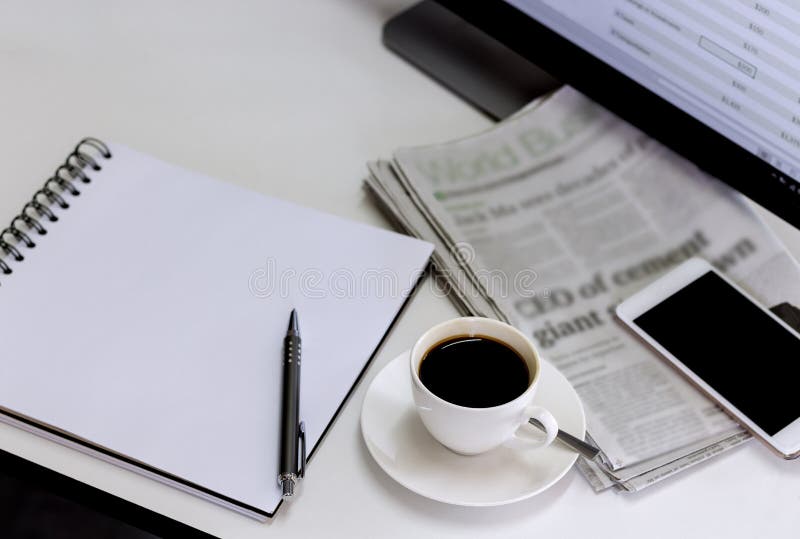 Cup of Coffee with Newspaper,computer and Smartphone on White Ta Stock ...