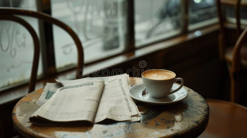 A Cup of Coffee and a Newspaper on a Table in a Cafe Stock Photo ...