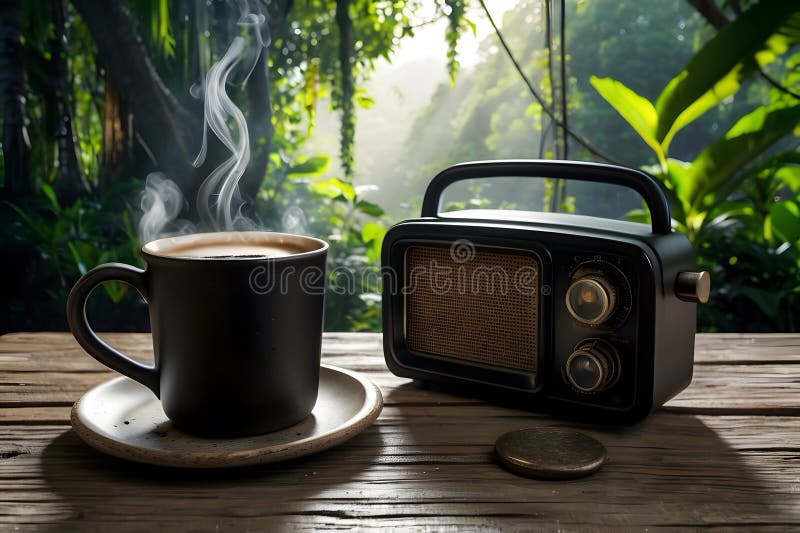 A Cup of Coffee and a Nostalgic Vintage Radio with a Jungle Background ...
