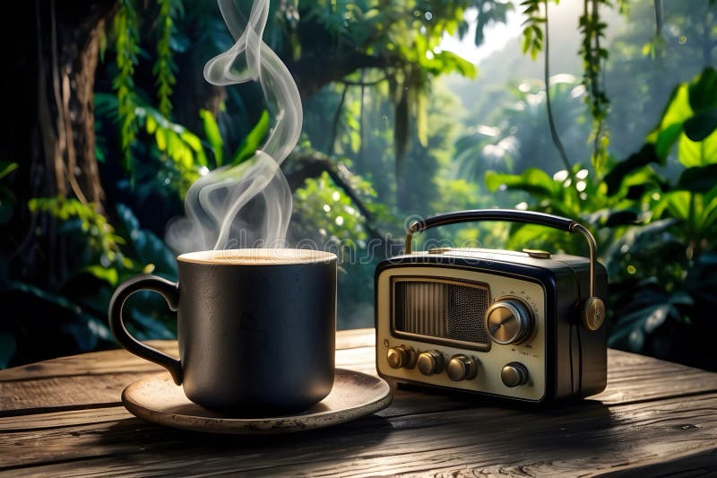 Cup Coffee Nostalgic Vintage Radio Jungle Background Stock Photos ...