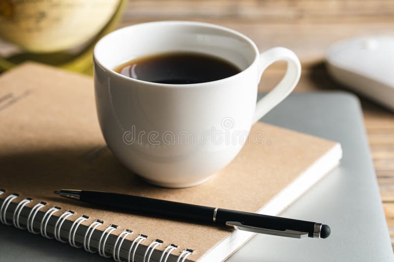 Cup of Coffee, Notepad and Laptop, Office Work Concept. Stock Image ...