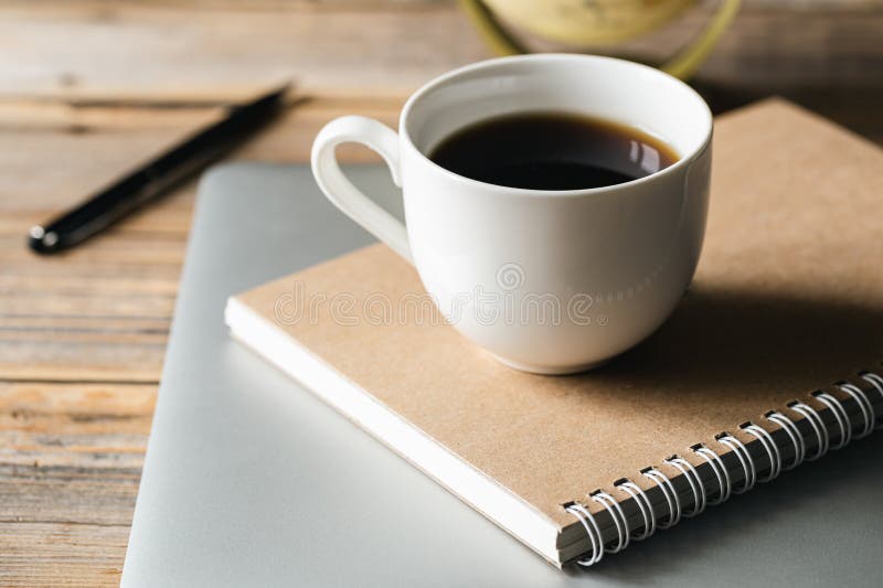 Cup of Coffee, Notepad and Laptop, Office Work Concept. Stock Photo ...