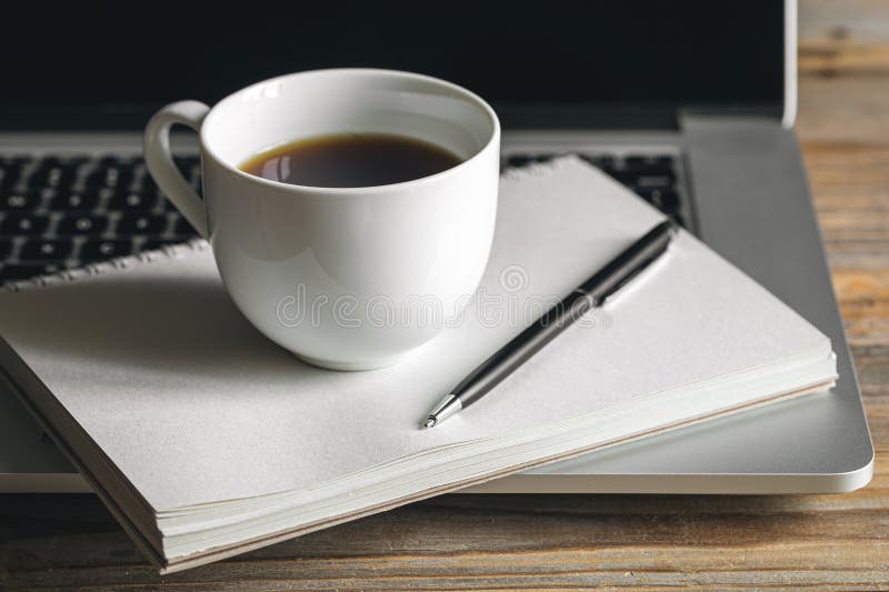 Cup of Coffee, Notepad and Laptop, Office Work Concept. Stock Photo ...