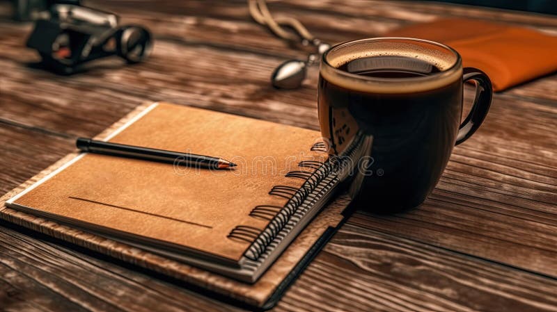 Cup of Coffee and Notepad with Pen Composition, Top View. Generated AI ...
