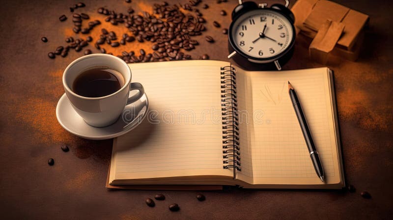 Cup of Coffee and Notepad with Pen Composition, Top View. Generated AI ...