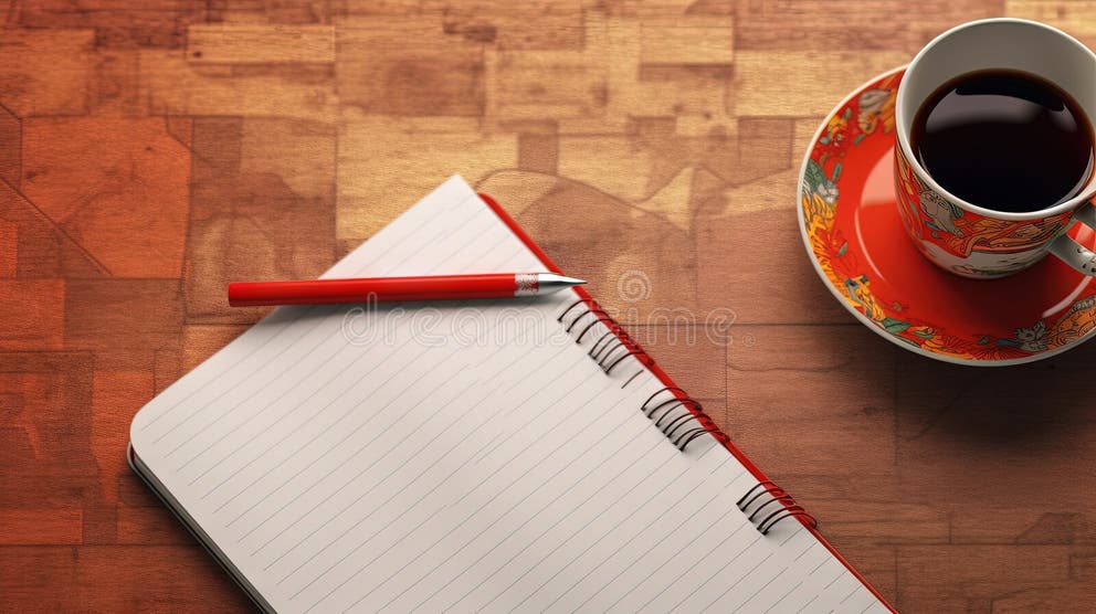 Cup of Coffee and Notepad with Pen Composition, Top View. Generated AI ...