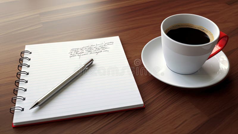 Cup of Coffee and Notepad with Pen Composition, Top View. Generated AI ...