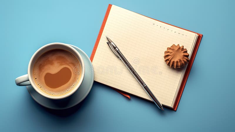 Cup of Coffee and Notepad with Pen Composition, Top View. Generated AI ...
