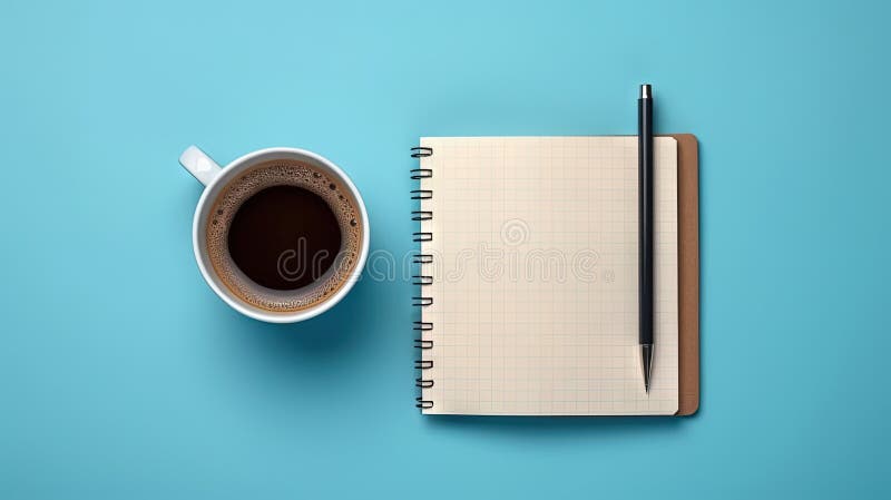 Cup of Coffee and Notepad with Pen Composition, Top View. Generated AI. Stock Image - Image of ...