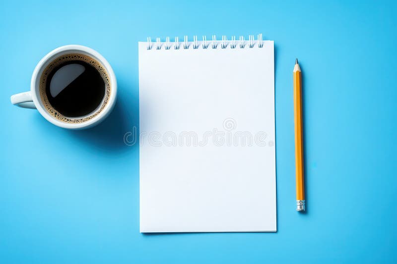 A Cup of Coffee, a Notepad, and a Pencil on a Blue Background Stock Illustration - Illustration ...