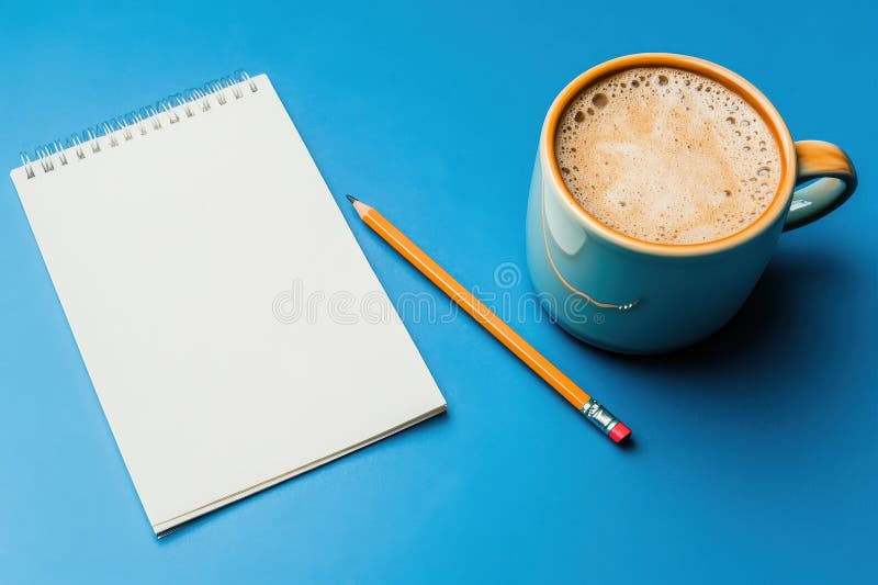 A Cup of Coffee, a Notepad, and a Pencil on a Blue Surface Stock ...