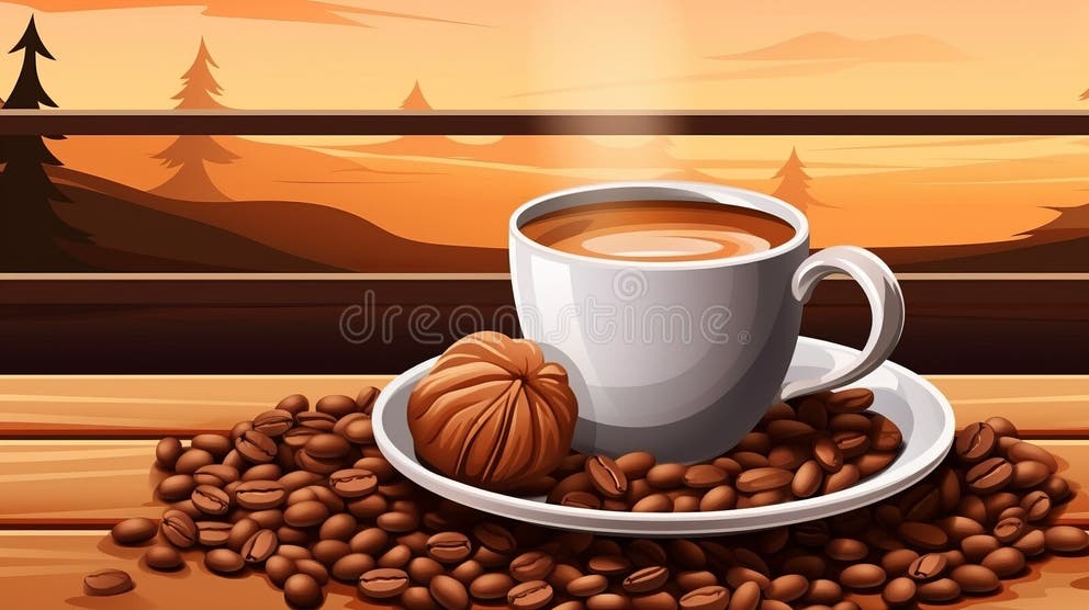 A Cup of Coffee and Nuts on a Wooden Table at Sunset Vector ...