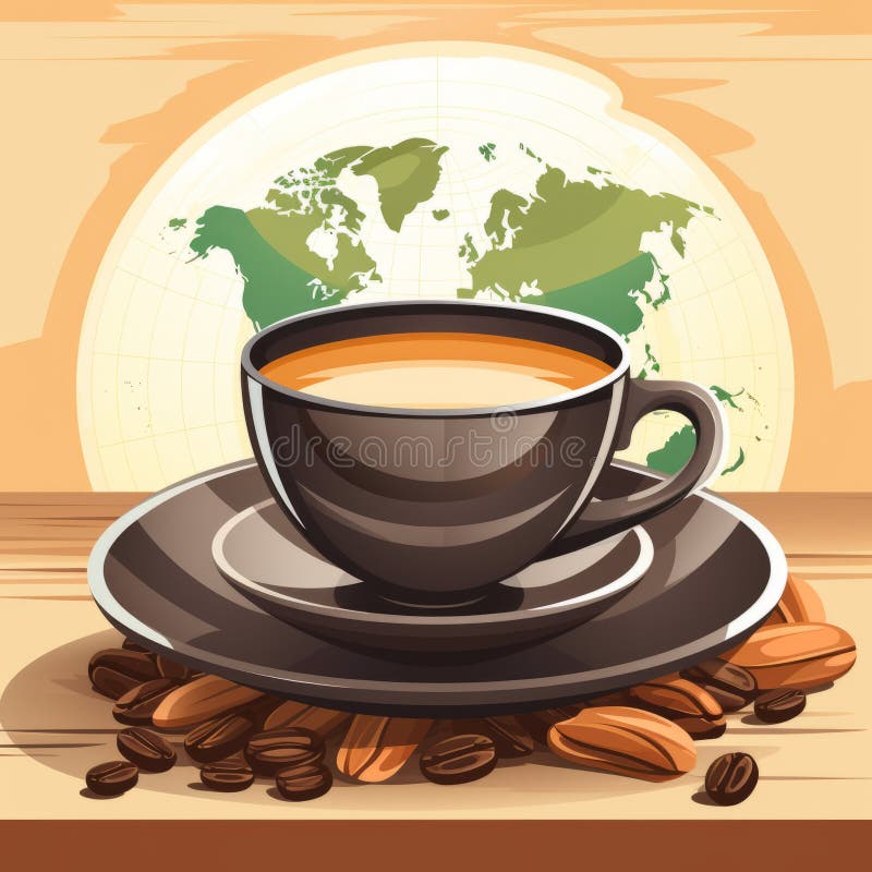 A Cup of Coffee and Nuts on a Wooden Table with a World Map Vector ...