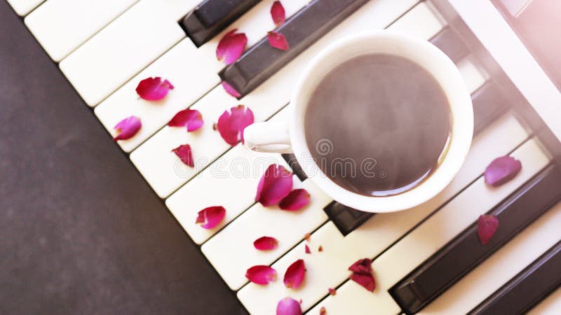A Cup of Coffee on the Piano and Pink Rose Petals Stock Image - Image ...