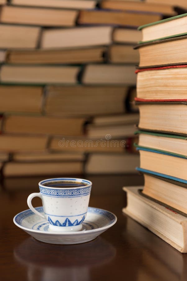 Cup and Many Books on Table Stock Image - Image of beverage, school ...