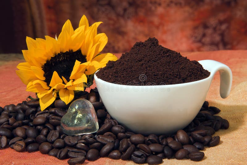 Cup with Coffee Powder and Coffee Beans Scattered Stock Photo - Image ...