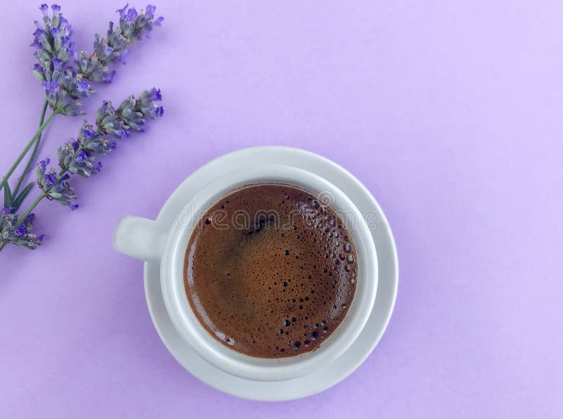 Cup of Coffee on Purple Background Decorated with Lavender Flowers ...