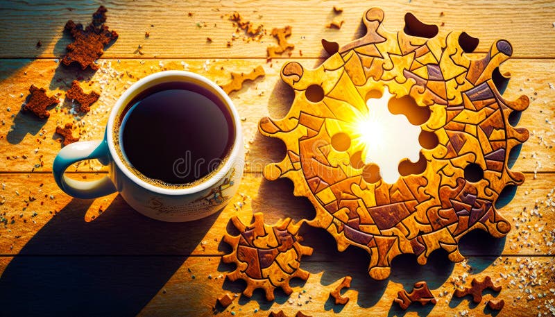Cup of Coffee and Puzzle Pieces on Wooden Table. Generative AI Stock ...