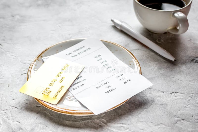 Coffee and Receipt Bill for Payment by Credit Card on Wooden Table ...