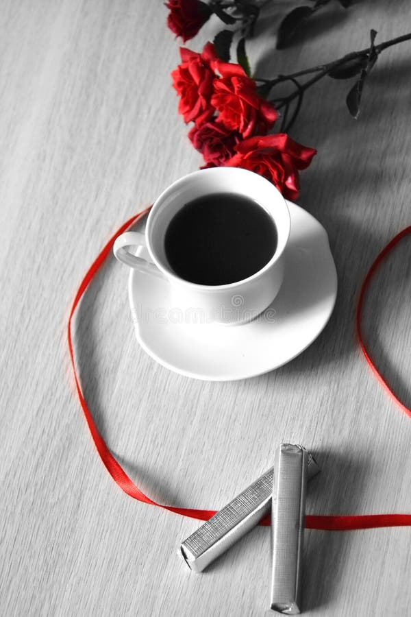 Cup of Coffee with Red Ribbon and Roses Stock Photo - Image of bonbon ...