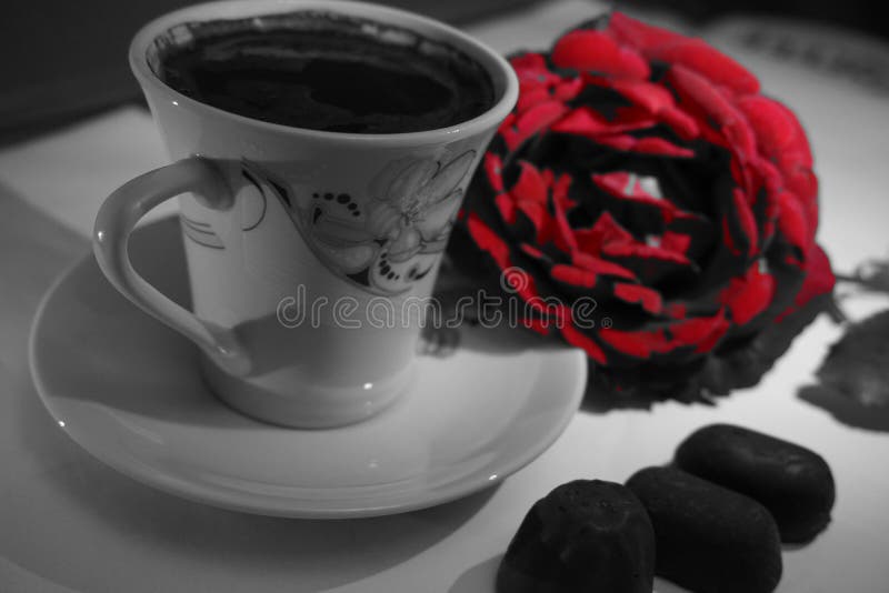 A Cup of Coffee and Red Rose Stock Image - Image of herbal, fruit ...