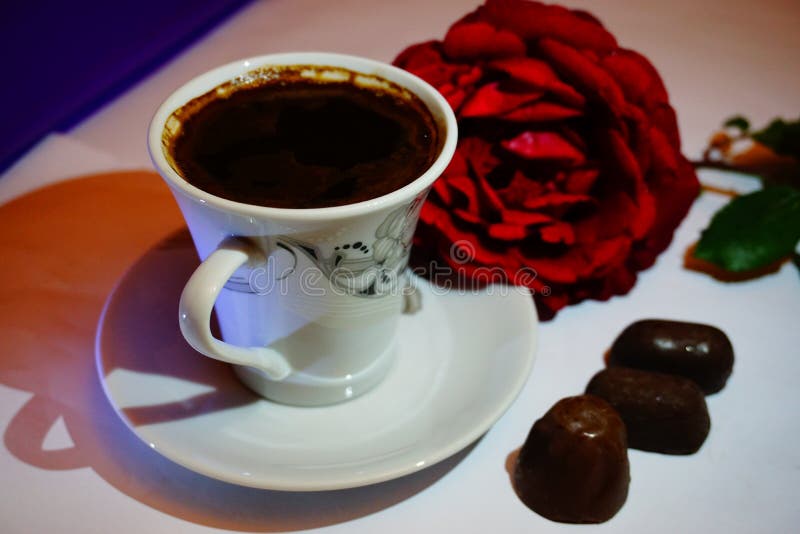 A Cup of Coffee and Red Rose Stock Photo - Image of classic, white ...