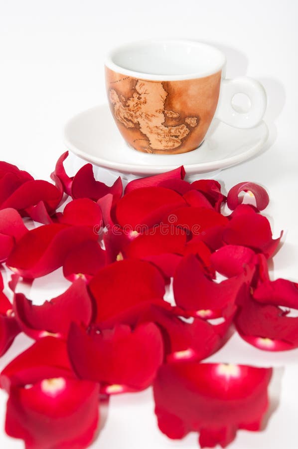 Cup of Coffee and Red Rose Petals Over White Background Stock Photo ...