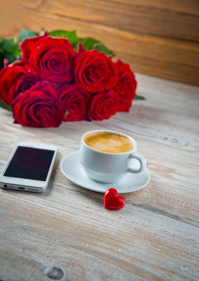 Cup of Coffee and Red Roses Stock Photo - Image of closed, folded: 37101656
