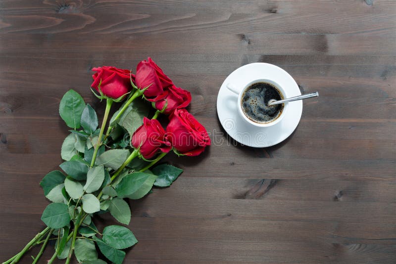 Cup of Coffee and Red Roses Stock Photo - Image of bouquet, fresh: 72896712