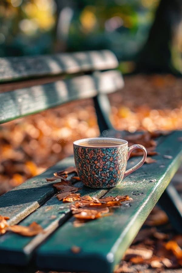 A Cup of Coffee Rests on a Park Bench, Inviting the Viewer To Take a ...