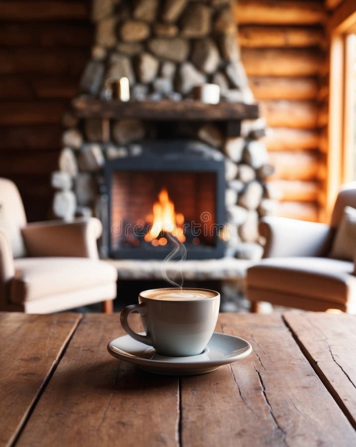 A Cup of Coffee Rests on a Table in Front of a Cozy Log Cabin with a ...