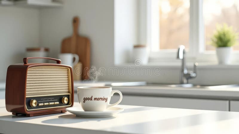 Cup of Coffee with Retro Radio on Table in Kitchen. Space for Text ...
