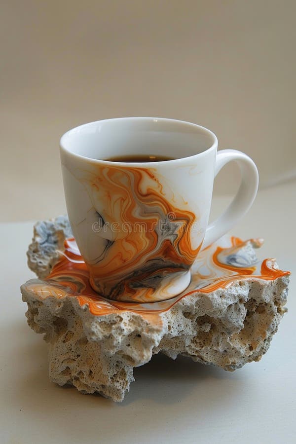 A Cup of Coffee on a Rock with Orange Swirls, AI Stock Illustration ...