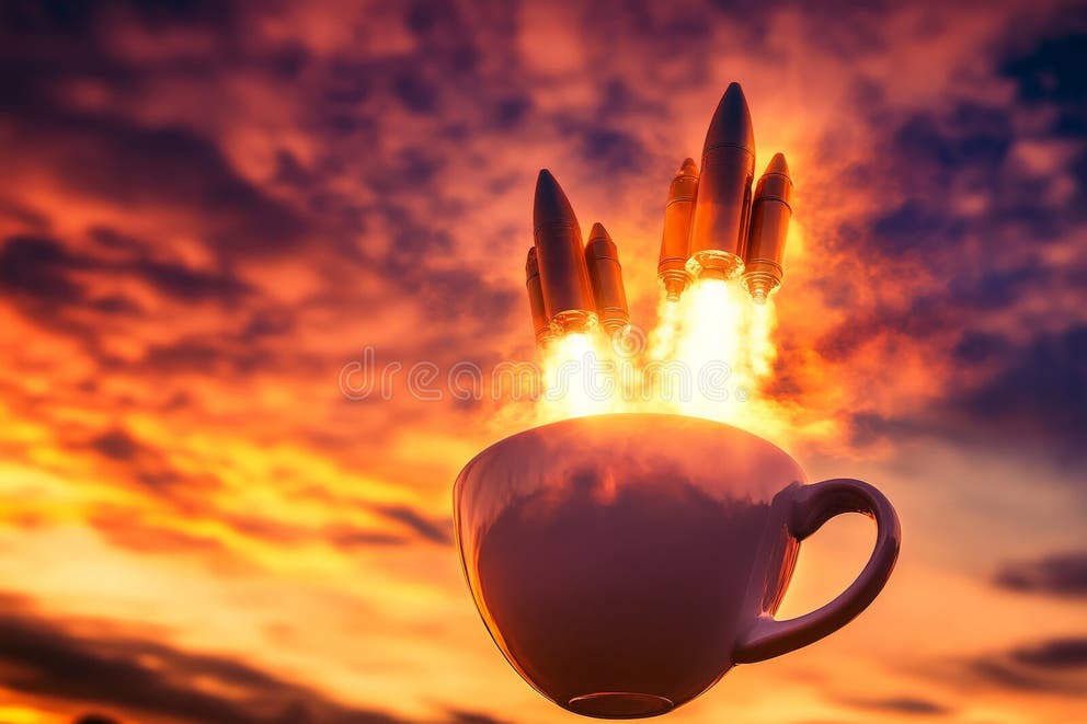 A Cup of Coffee with Rocket Boosters Attached, Launching into the Sky ...
