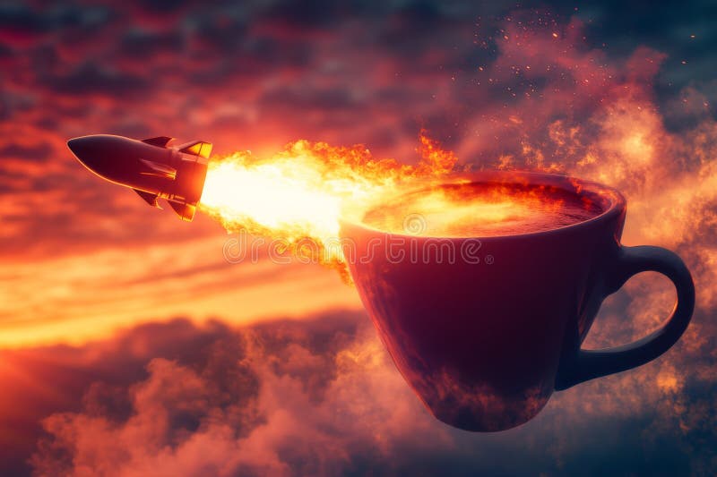 A Cup of Coffee with Rocket Boosters Attached, Launching into the Sky ...