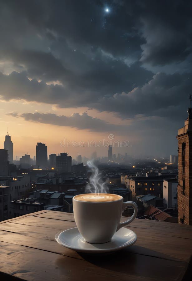 A Cup of Coffee on Roof Top Table with Twilight Sky Background Stock ...