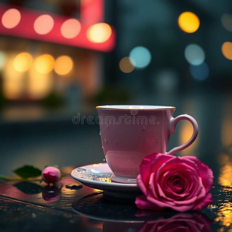 Cup of coffee with rose stock illustration. Illustration of chips ...