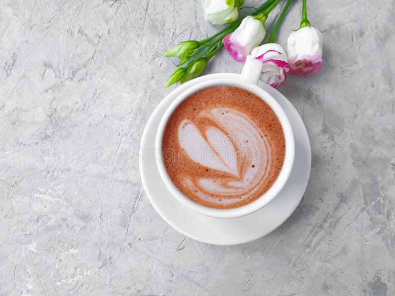Cup of Coffee, Rose Flower Espresso on Concrete Background Stock Image ...