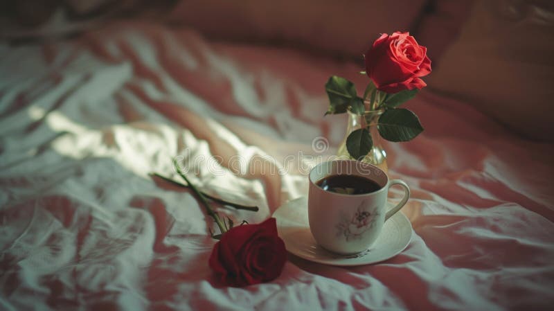 Cup of Coffee and Rose in Flower Vase on a Bed Stock Image - Image of ...