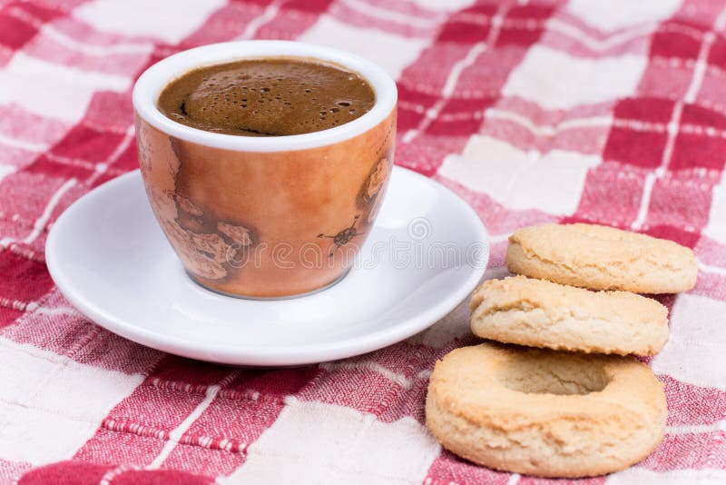 Cup of Coffee with Round Tea Cookies on the Tablecloth Stock Photo ...