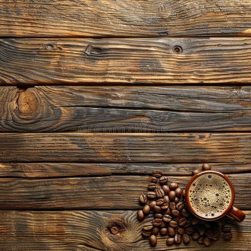 Cup of Coffee on Rustic Wooden Background with Coffee Beans, Top View ...