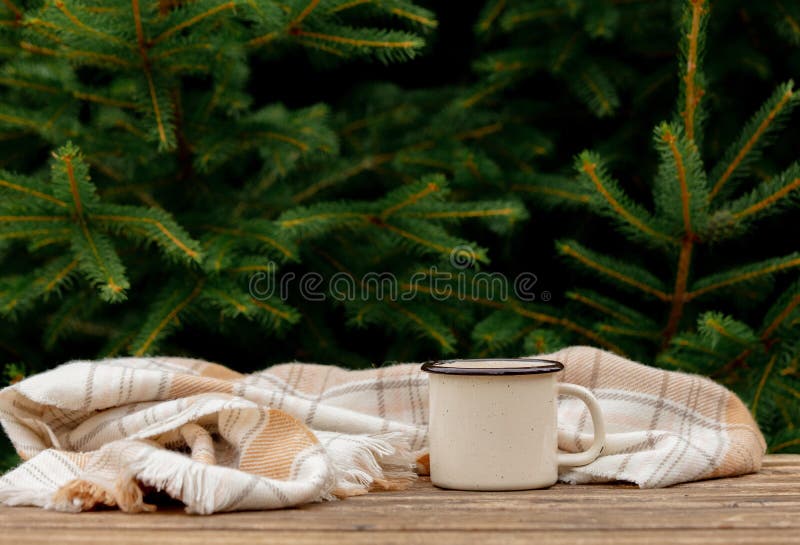 Cup of Coffee and Scarf Table with Spruce Branches on Background Stock ...