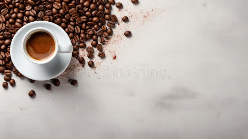 Cup of Coffee with Scattered Roasted Coffee Beans, Top-down Photo, Copy ...