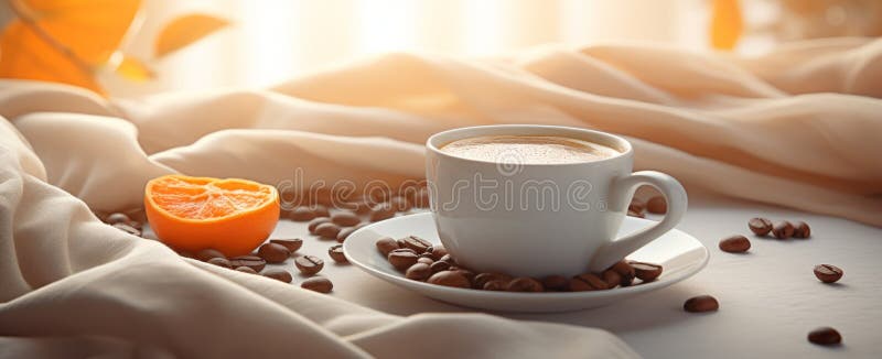 A Cup of Coffee is Shown on a Table Next To a Bed and Coffee Beans ...